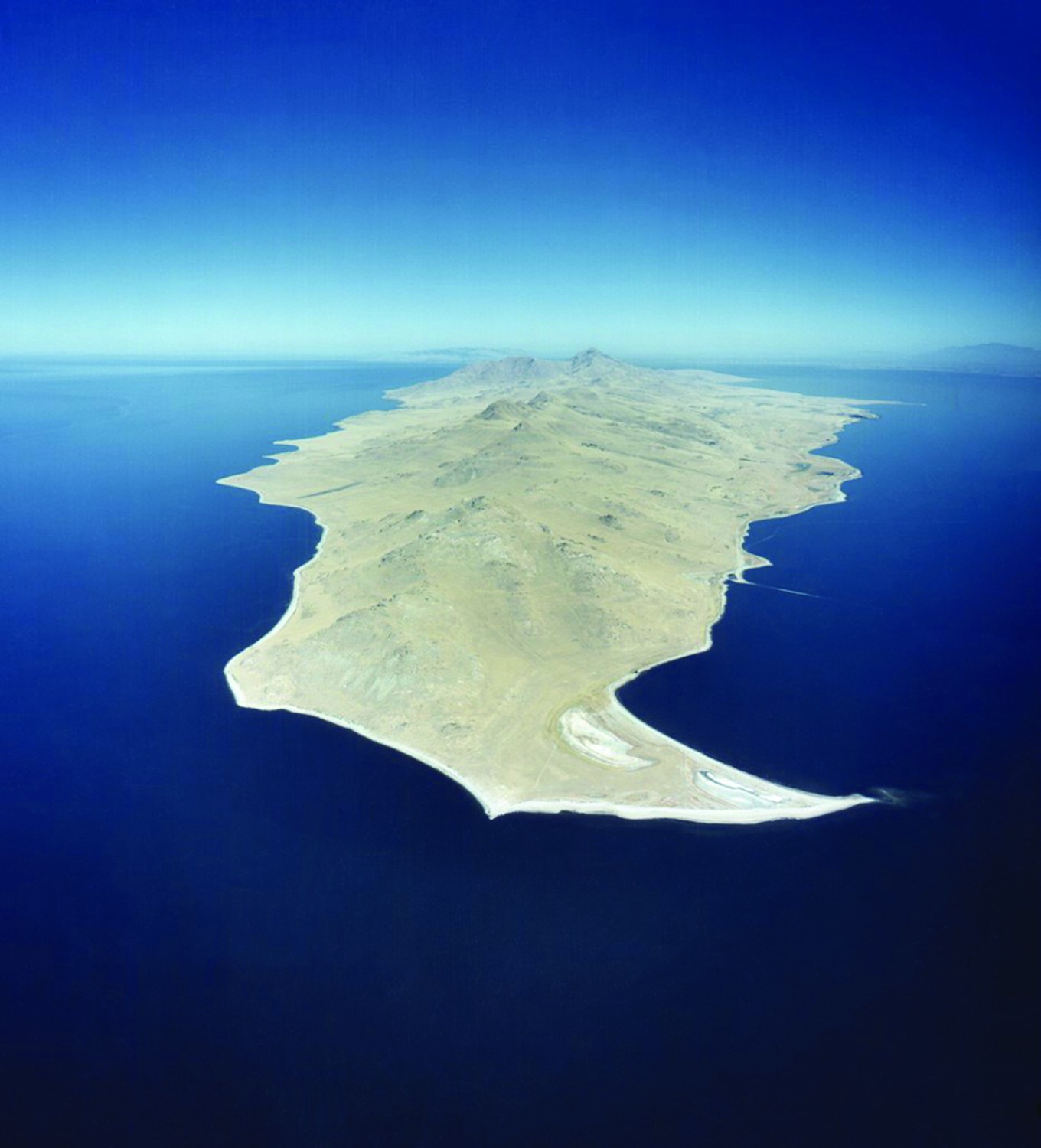 Antelope Island aerial view at lake elevation 4,206 feet; view is to ...