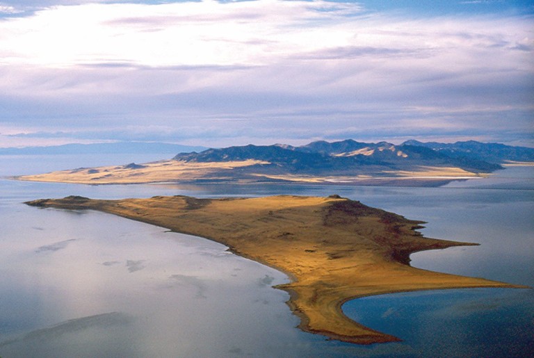 Aerial view (looking north) of Fremont Island and nearby Promontory ...