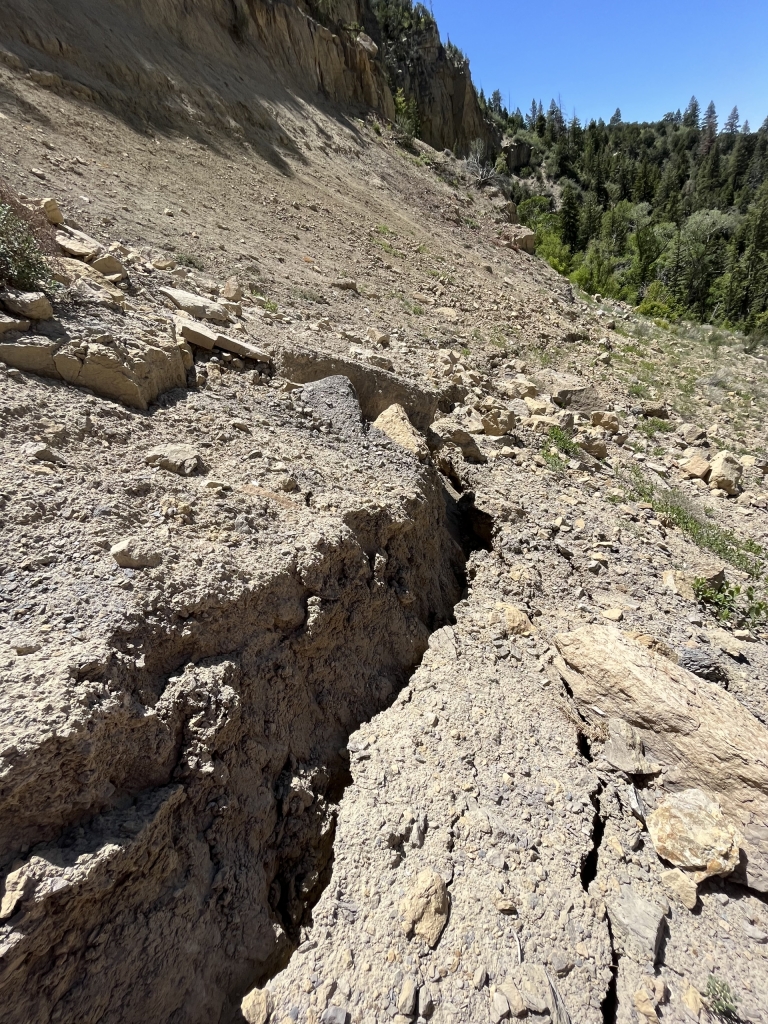 New landslide scarp from 2023 movement on the Cedar Canyon MP8 ...