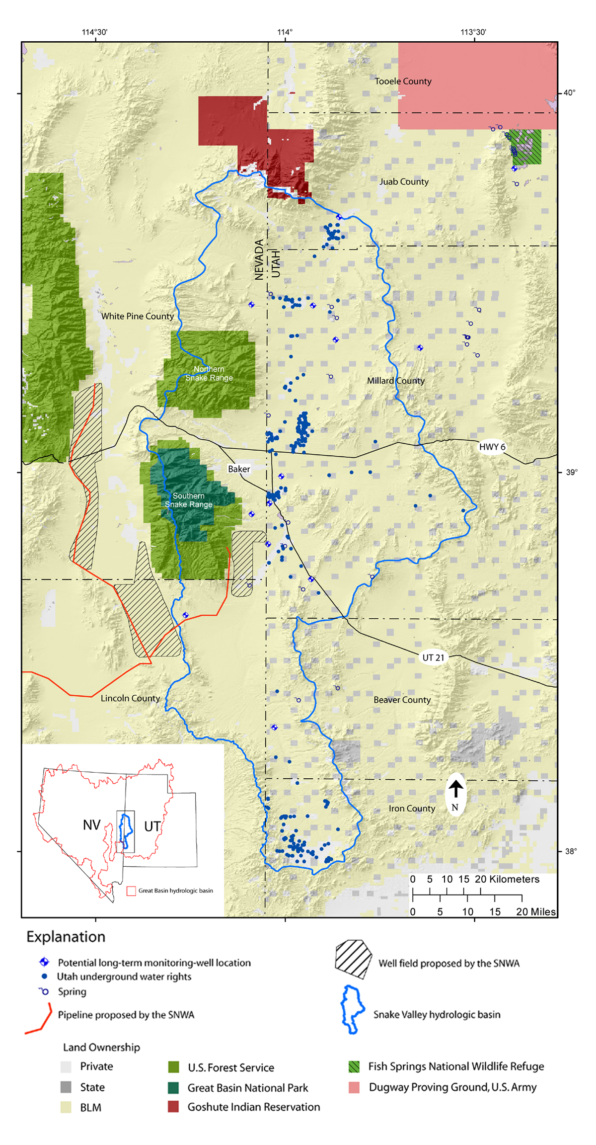 Land ownership, Utah wells, springs, and proposed SNWA facilities ...